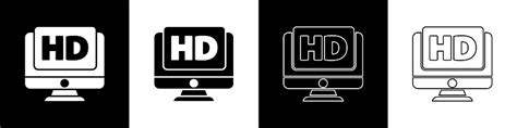 흑백 배경에서 분리된 Hd 비디오 기술 아이콘으로 컴퓨터 Pc 모니터 디스플레이를 설정합니다 벡터 일러스트레이션 0명에 대한 스톡 벡터 아트 및 기타 이미지 Istock