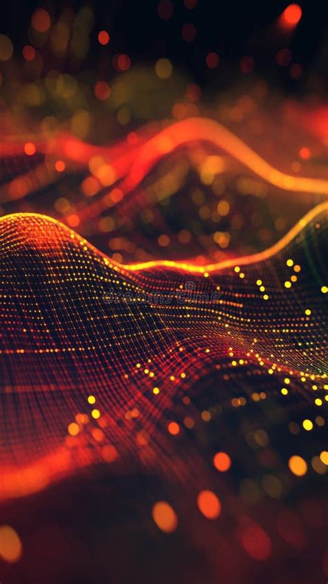 Abstract Data Visualization With Dynamic Waves And Points In Vibrant Red And Yellow Colors Stock