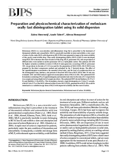 Pdf Preparation And Physicochemical Characterization Of Meloxicam Orally Fast Disintegration