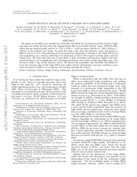 Pdf A High Velocity Bulge Rr Lyrae Variable On A Halo Like Orbit