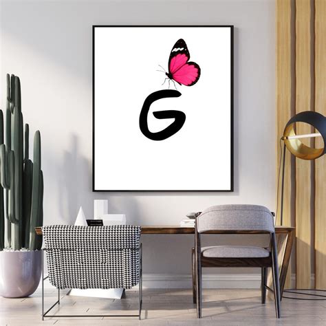 Pink Butterfly Letter G Wall Art Minimalist Monogram Print Nursery