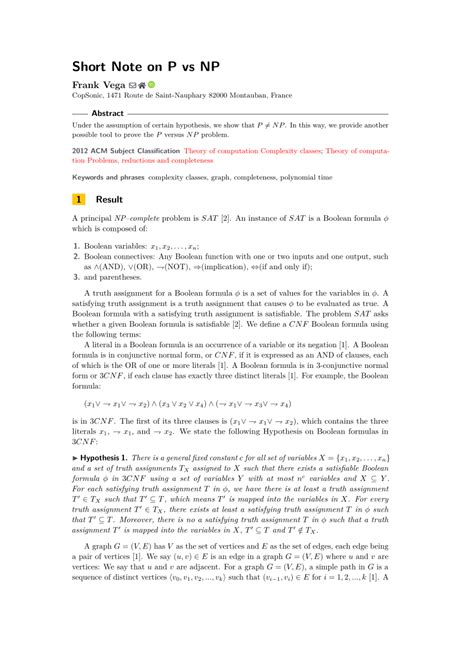 PDF Short Note On P Vs NP