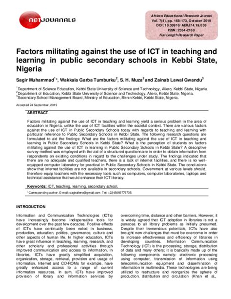 Pdf Factors Militating Against The Use Of Ict In Teaching And Learning In Public Secondary