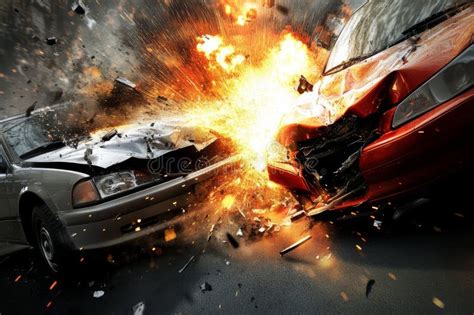 A Dramatic Illustration Showing Two Cars Colliding And Exploding Stock