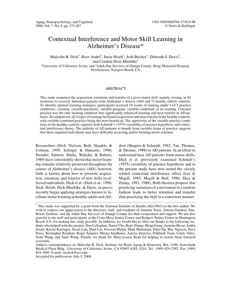 Pdf Contextual Interference And Motor Skill Learning In Alzheimers Disease