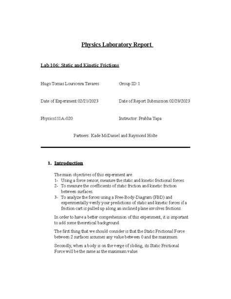 Physics Laboratory Report Physics Laboratory Report Lab Static And Kinetic Frictions