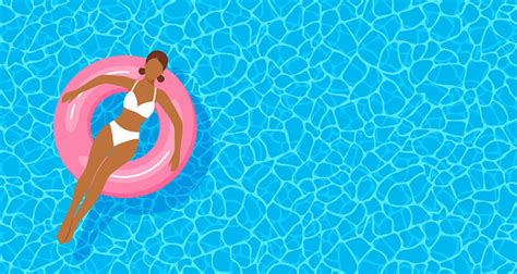 수영장에서 분홍색 풍선 원에 떠 있는 흰색 수영복을 입은 아름 다운 여자 평면도 복사 공간이 있는 평면 벡터 그림 관광 리조트에 대한 스톡 벡터 아트 및 기타 이미지