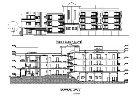 Hostel Building Sectional Elevation Design AutoCAD Drawing DWG File Cadbull
