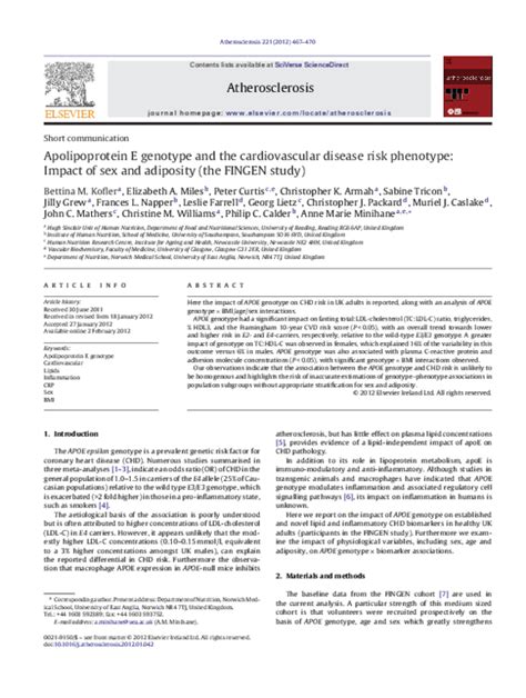 Pdf Apolipoprotein E Genotype And The Cardiovascular Disease Risk Phenotype Impact Of Sex And