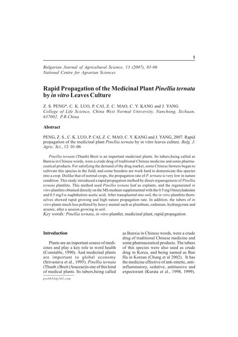 Rapid Propagation Of The Medicinal Plant Pinellia Ternata Byin Docslib