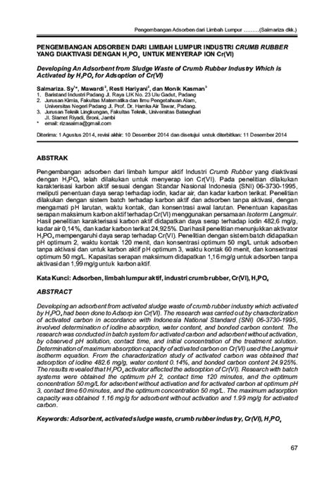 Pdf Developing An Adsorbent From Sludge Waste Of Crumb Rubber