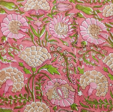 Pure Cotton Jaipuri Pink And Green Wild Flower Jaal Hand Block Print F Sanskruti