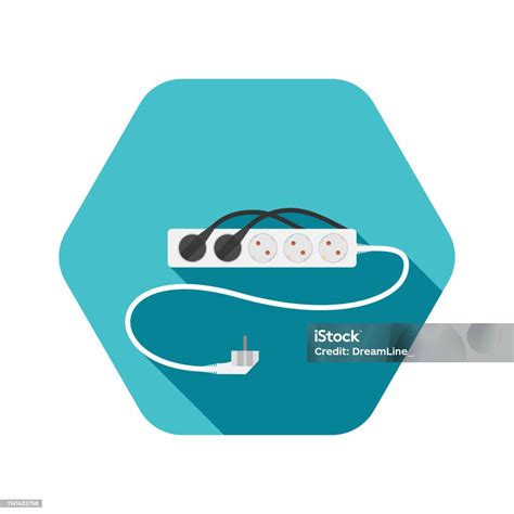 그림자와 청록색 배경에 연결 된 두 개의 플러그와 현대 5 소켓 전기 연장 코드 유형 F의 육각형 아이콘 0명에 대한 스톡 벡터