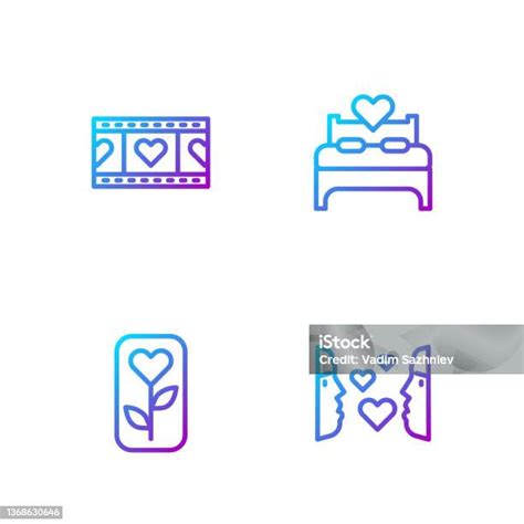 첫눈에 사랑 세트 꽃 장미 마음과 침실과 함께 비디오를 재생합니다 그라데이션 색상 아이콘입니다 벡터 밸런타인데이에 대한 스톡 벡터 아트 및 기타 이미지 Istock