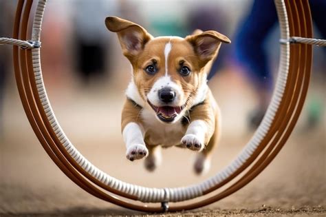 Filhote De Cachorro Bonito Est Pulando Atrav S Do Aro Durante O