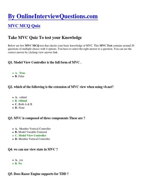 mvc mcq quiz pdf model view controller multiple choice