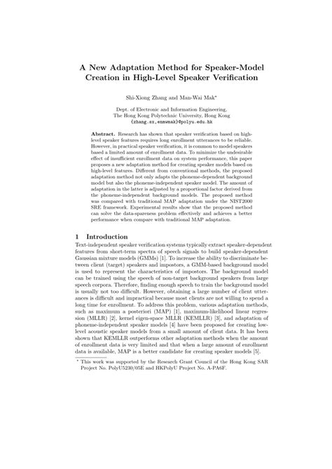 Pdf A New Adaptation Method For Speaker Model Creation In High Level