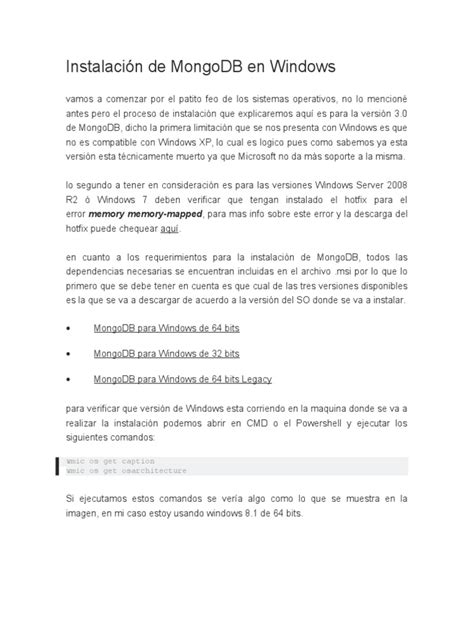 Instalación De Mongodb En Windows Pdf Mongo Db Microsoft Windows