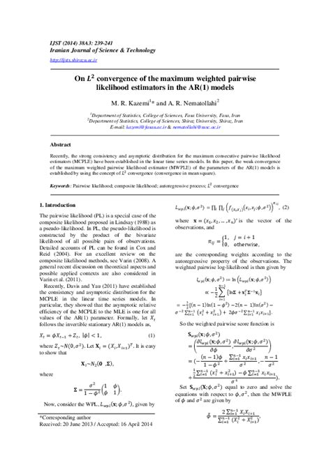Pdf On L2 Convergence Of The Maximum Weighted Pairwise Likelihood Estimators In The Ar1 Models