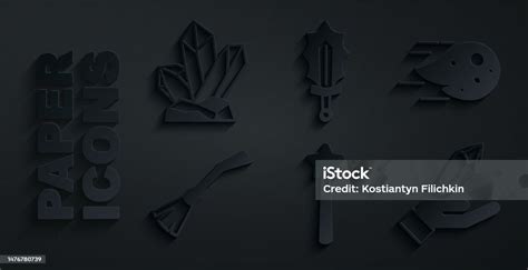 Atur Tongkat Sihir Bola Api Sapu Penyihir Batu Pedang Dalam Api Dan Ikon Vektor Ilustrasi Stok