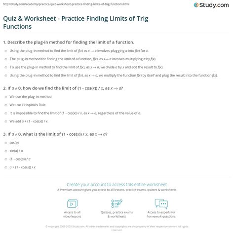 Quiz And Worksheet Practice Finding Limits Of Trig Functions