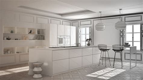 클래식 룸 오래 된 나무 마루 미니 멀리즘 건축 인테리어 디자인 현대 부엌 가구의 미완성된 프로젝트 Fashion Show에 대한 스톡 사진 및 기타 이미지 Istock