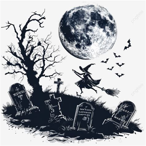 빗자루와 보름달에 묘비 마녀가 있는 할로윈 밤 풍경 할로윈 마녀 빗자루 Png 일러스트 및 이미지 에 대한 무료 다운로드 Pngtree
