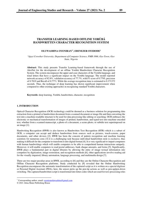 Pdf Transfer Learning Based Offline YorÙbÁ Handwritten Character Recognition System