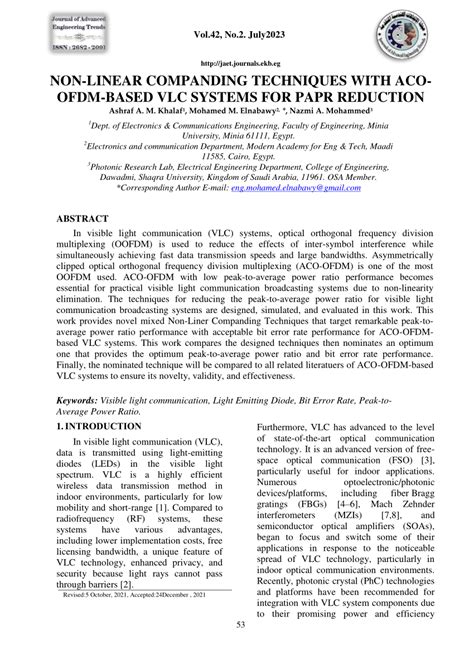 Pdf Non Linear Companding Techniques With Aco Ofdm Based Vlc Systems For Papr Reduction