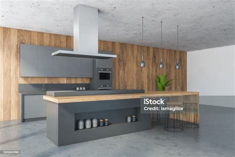 검은 색과 나무 부엌 테이블과 후드 회색 대리석 바닥으로 설정 된 주방 0명에 대한 스톡 사진 및 기타 이미지 0명 3차원 형태 가구 Istock