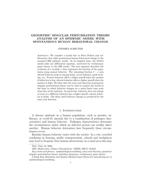 Pdf Geometric Singular Perturbation Theory Analysis Of An Epidemic Model With Spontaneous