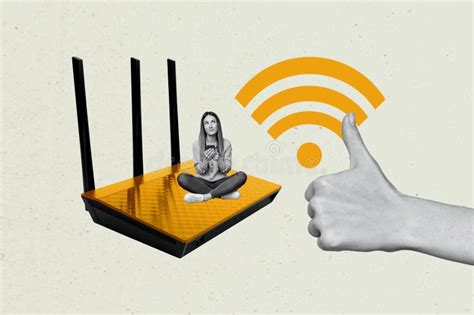 Creative Collage Picture Young Woman Sit Wifi Router Internet Access Connection Hotspot Thumb Up