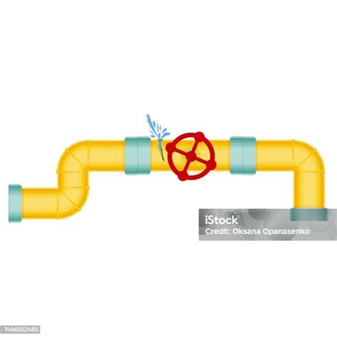 증기 또는 납 가스의 누출 파이프 라인의 파열로 깨진 파이프 수도꼭지 떨어지기 물 공급 문제 파이프 파손 흰색 배경에 격리된