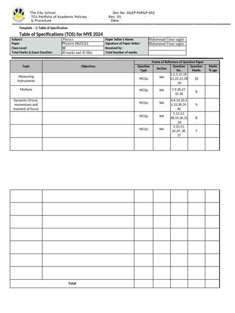 Sample Tos For O Level And Igcse Pdf Physical Sciences Physical Quantities