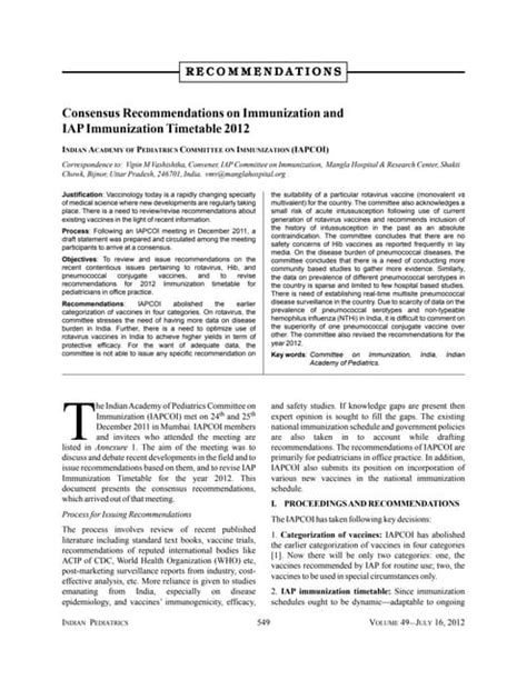 Consensus Recommendations On Immunization And Iap Immunization Timetable 2012 Pdf