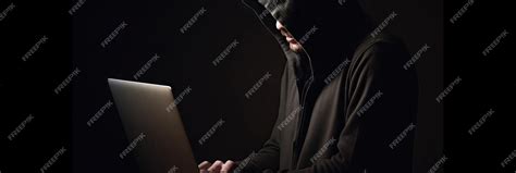 premium ai image hacker without face in a hood holds a laptop on a