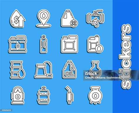 세트 라인 석유 및 가스 산업 공장 건물 시험관 플라스크 모터 기계 오일 용 캐니스터 부동액 캐니스터 산업용 실린더 탱크 가격 인상 및 가솔린 아이콘 벡터 가격에 대한 스톡