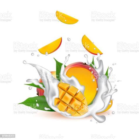 망고 과일 조각 나뭇잎 조각의 떨어지는 조각과 우유 스플래시 3d 그림 크림 붓는 웨이브 요구르트 포장 템플릿 벡터 Eps10입니다 건강한 생활방식에 대한 스톡 벡터 아트