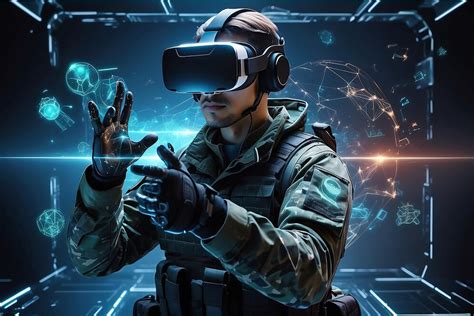 Soldier In Vr Combat Training Holographic Simulation Concept Premium