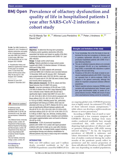 Pdf Prevalence Of Olfactory Dysfunction And Quality Of Life In Hospitalised Patients 1 Year