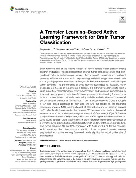 Pdf A Transfer Learning Based Active Learning Framework For Brain Tumor Classification