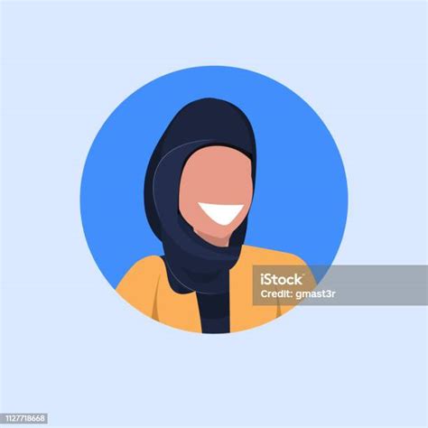 아랍 여자 얼굴 아바타 행복 아랍어 여자 입고 검은 Hijab 무슬림 여성 만화 캐릭터 초상화 평평 블루 배경 개념에 대한 스톡