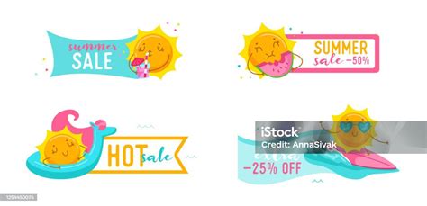 바다 파도에 귀여운 만화 태양 서핑 음료 칵테일 수박을 먹고 플로트 매트리스와 뜨거운 여름 세일 배너 세트 가와이피 지여름 활동 상점 할인 혜택 벡터 일러스트레이션 서핑