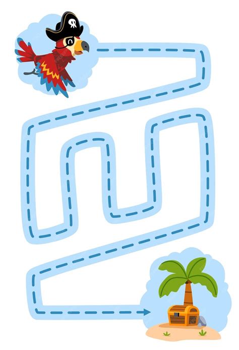 어린이 필기 연습을 위한 교육 게임 선 추적 귀여운 만화 앵무새가 나무로 이동하는 데 도움 인쇄 가능한 해적 워크시트 프리미엄 벡터