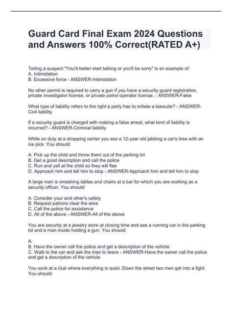 Guard Card Final Exam 2024 Questions And Answers 100 Correct Rated A Guard Card Stuvia Us