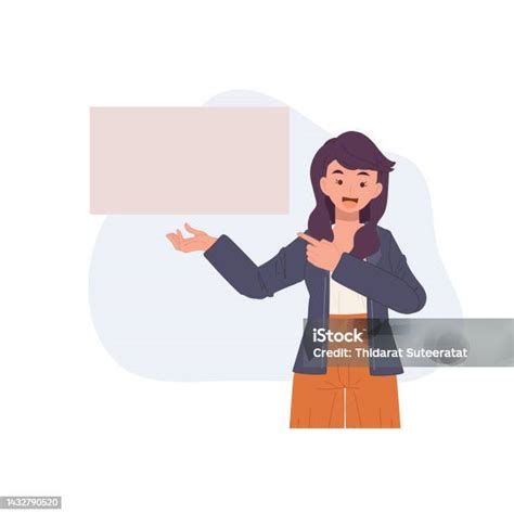배너를 보여주는 여자 프리젠 테이션을 보여주기 위해 포스터를 가리키는 여성 캐릭터 벡터 일러스트 레이 션 가리키기에 대한 스톡 벡터 아트 및 기타 이미지 Istock
