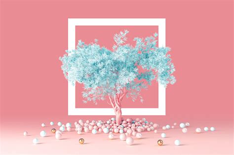 밝은 분홍색 복숭아 배경에 흰색 크라운이 분리된 침엽수 푹신한 나무의 최소한의 깨끗한 디자인 컨셉의 3d 렌더링이 그 주위에 흰색 프레임을 녹입니다 환경 개념 개념에 대한