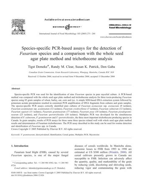Pdf Species Specific Pcr Based Assays For The Detection Of Fusarium