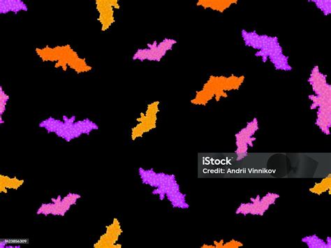 픽셀 박쥐 원활한 패턴 픽셀 아트 스타일의 박쥐가있는 할로윈 배경 2d로 90 년대의 복고풍 8 비트 비디오 게임 게임 앱 배너 및 포스터를 위한 디자인 벡터 일러스트 레이