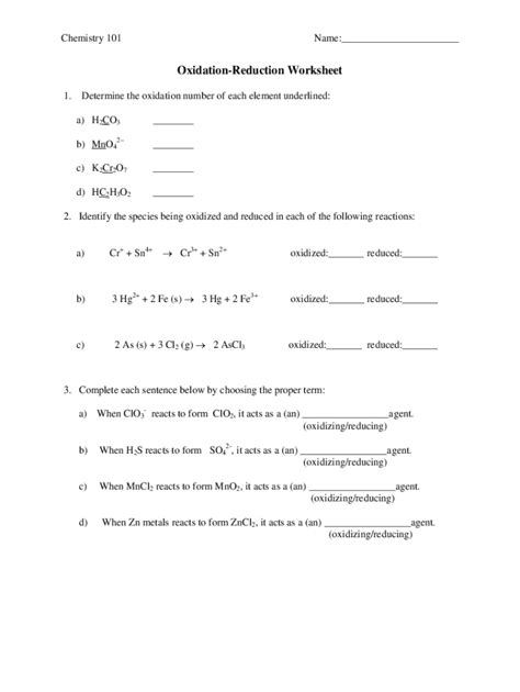 Fillable Online Worksheet Oxidation Reduction Reactions Fax Email Print Pdffiller
